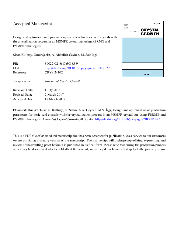 Pdf Design And Optimization Of Production Parameters For Boric Acid Crystals With The