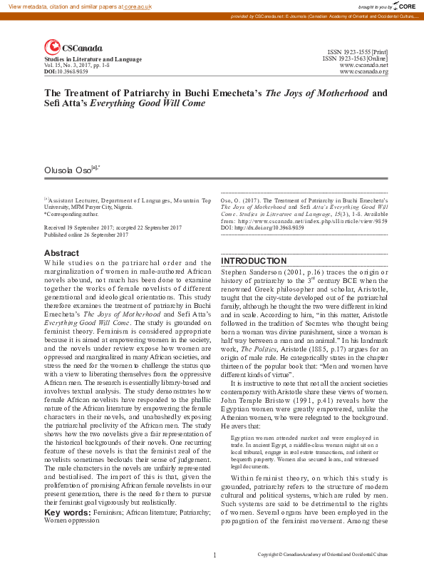 (PDF) The Treatment of Patriarchy in Buchi Emecheta’s The Joys of ...