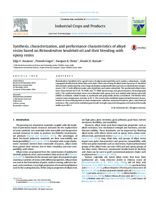 (PDF) Synthesis, characterization, and performance characteristics of alkyd resins based on ...