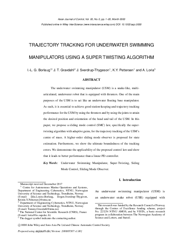 (PDF) Trajectory Tracking for Underwater Swimming Manipulators using a Super Twisting Algorithm