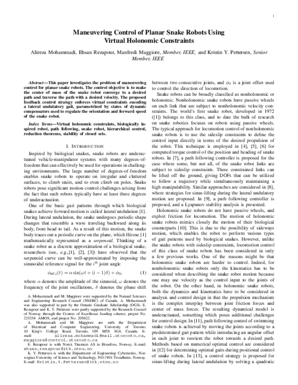 (PDF) Maneuvering Control of Planar Snake Robots Using Virtual Holonomic Constraints