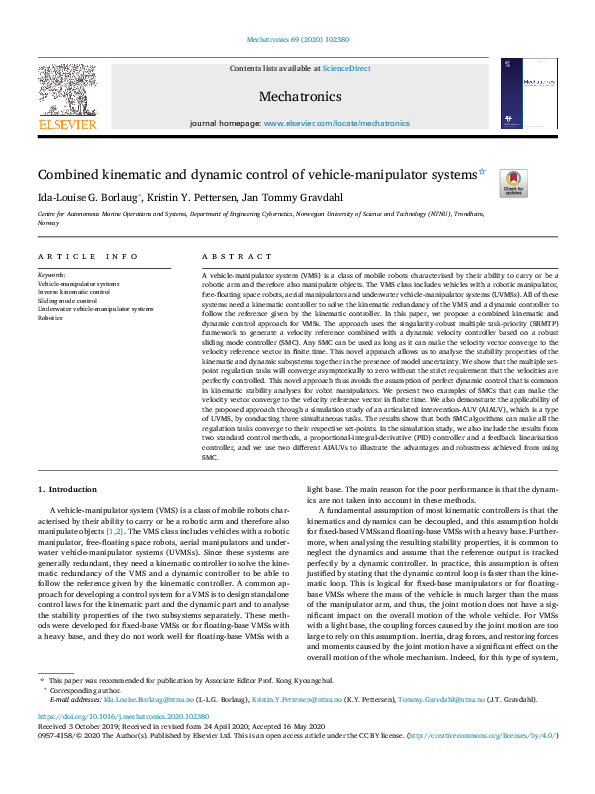 (PDF) Combined kinematic and dynamic control of vehicle-manipulator systems