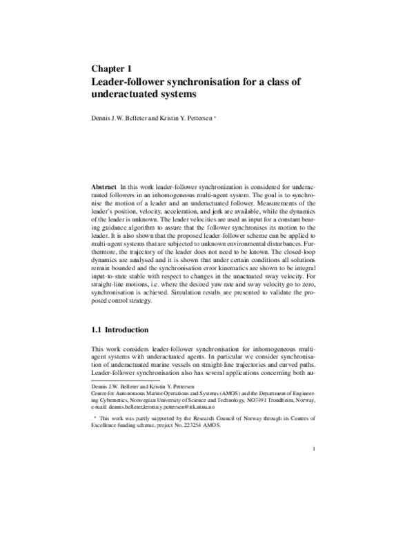 (PDF) Leader–Follower Synchronisation for a Class of Underactuated Systems