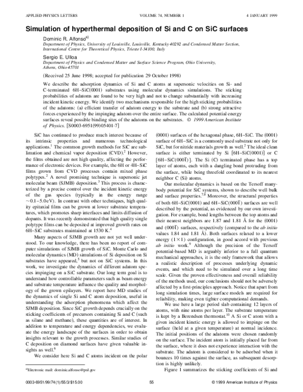 (PDF) Simulation of hyperthermal deposition of Si and C on SiC surfaces