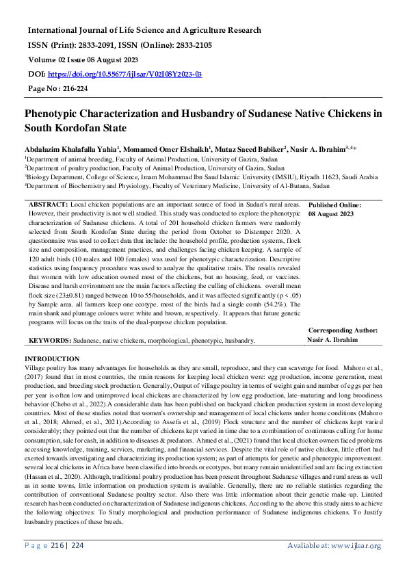 (PDF) Phenotypic Characterization and Husbandry of Sudanese Native Chickens in South Kordofan State