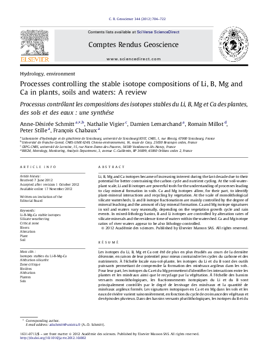 (PDF) Processes controlling the stable isotope compositions of Li, B, Mg and Ca in plants, soils ...