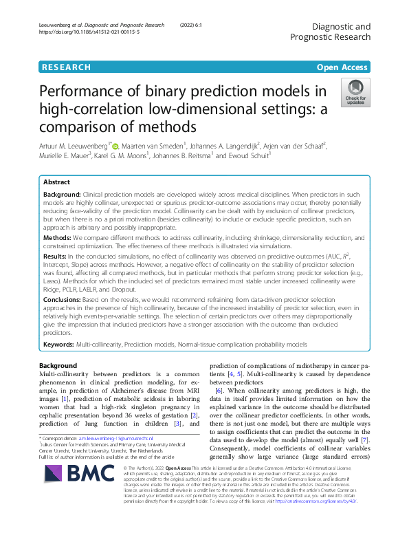 (PDF) Performance of binary prediction models in high-correlation low-dimensional settings: a ...