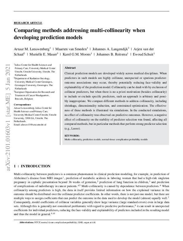 (PDF) Comparing methods addressing multi-collinearity when developing prediction models