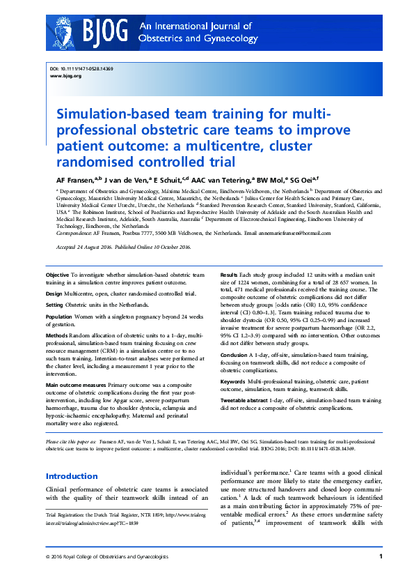 (PDF) Simulation-based Team Training for Multiprofessional Obstetric Care Teams to Improve ...