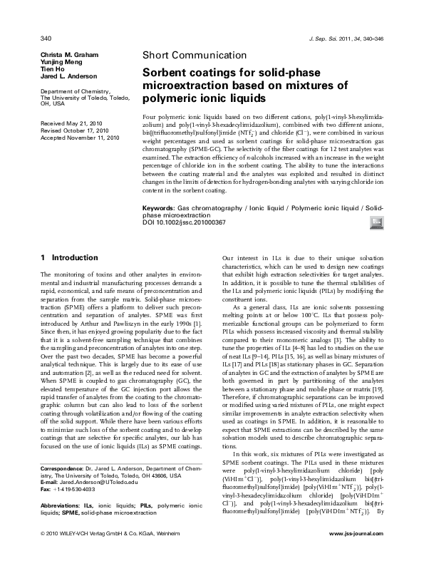 (PDF) Sorbent coatings for solid‐phase microextraction based on mixtures of polymeric ionic liquids