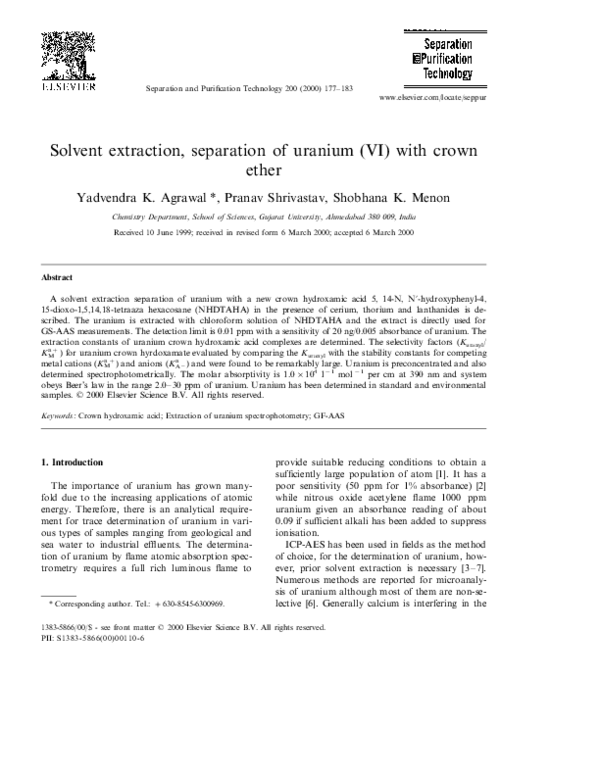 (PDF) Solvent extraction, separation of uranium (VI) with crown ether