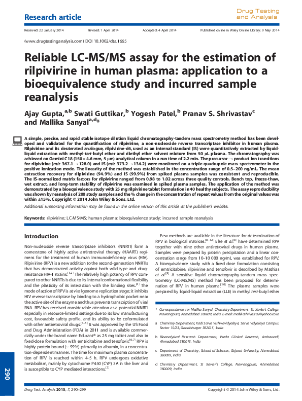 (PDF) Reliable LC-MS/MS assay for the estimation of rilpivirine in ...