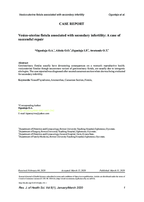 (PDF) Vesico-uterine fistula associated with secondary infertility: A ...