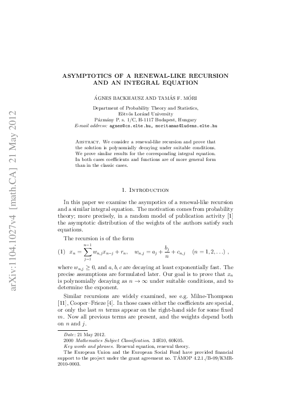 (PDF) Asymptotics of a renewal-like recursion and an integral equation