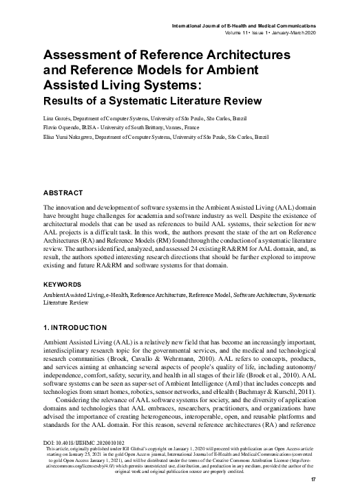 (PDF) Assessment of Reference Architectures and Reference Models for Ambient Assisted Living Systems