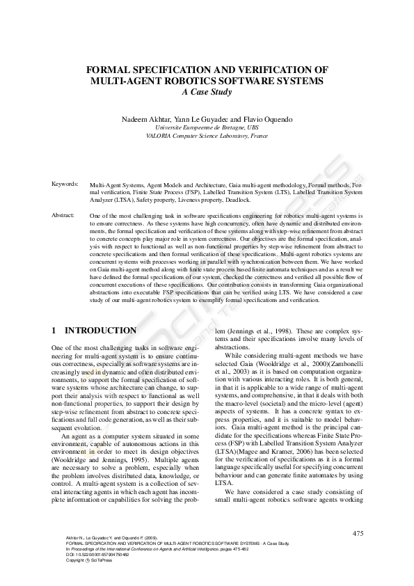 (PDF) FORMAL SPECIFICATION AND VERIFICATION OF MULTI-AGENT ROBOTICS SOFTWARE SYSTEMS - A Case ...