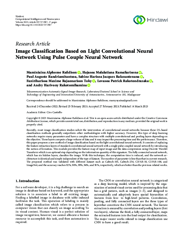 Pdf Image Classification Based On Light Convolutional Neural Network Using Pulse Couple Neural