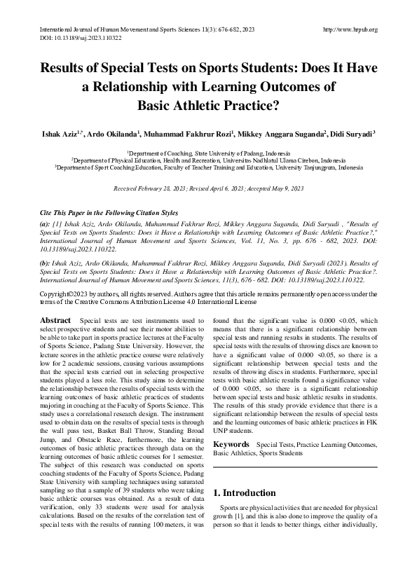 (PDF) Results of Special Tests on Sports Students: Does It Have a ...