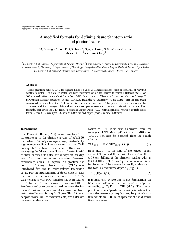 (PDF) A modified formula for defining tissue phantom ratio of photon beams