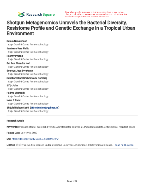 (PDF) Shotgun Metagenomics Unravels the Bacterial Diversity, Resistome Profile and Genetic ...