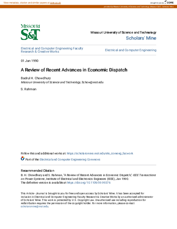 (PDF) A review of recent advances in economic dispatch