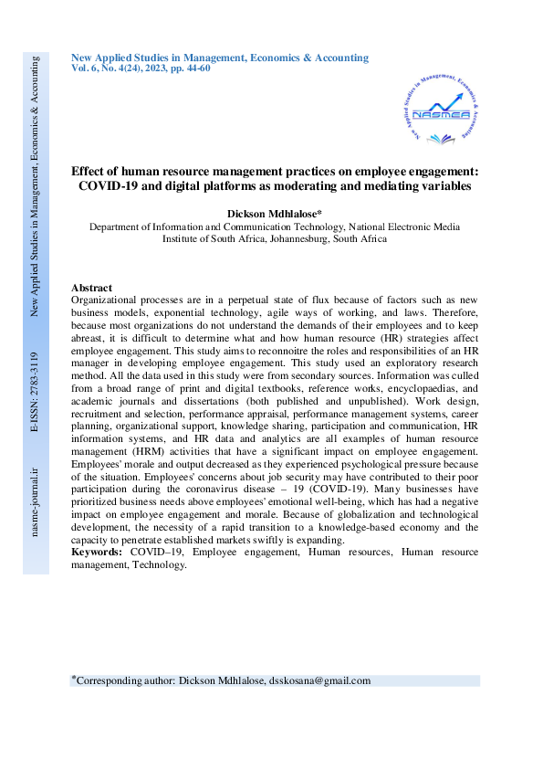(PDF) Effect of human resource management practices on employee engagement: COVID-19 and digital ...