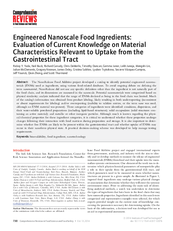 (PDF) Engineered Nanoscale Food Ingredients: Evaluation of Current ...