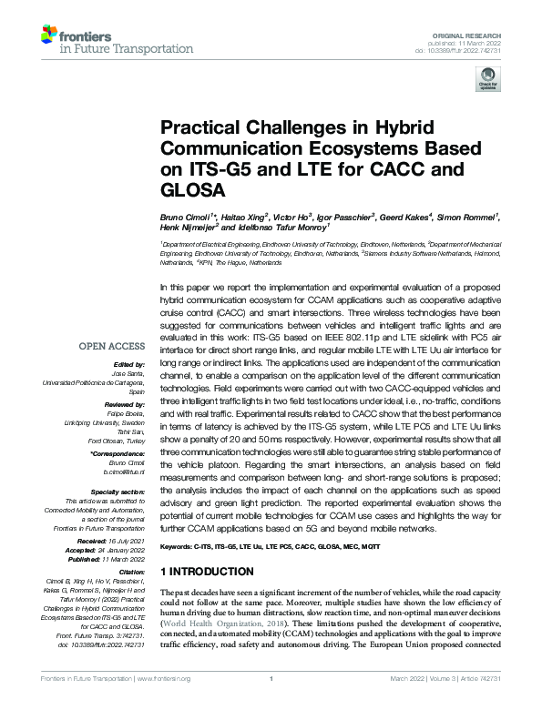 Pdf Practical Challenges In Hybrid Communication Ecosystems Based On Its G5 And Lte For Cacc