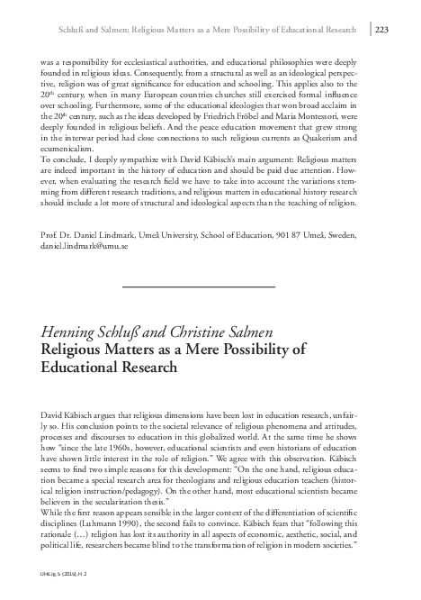 (PDF) The Role of Religion in Educational Research Today