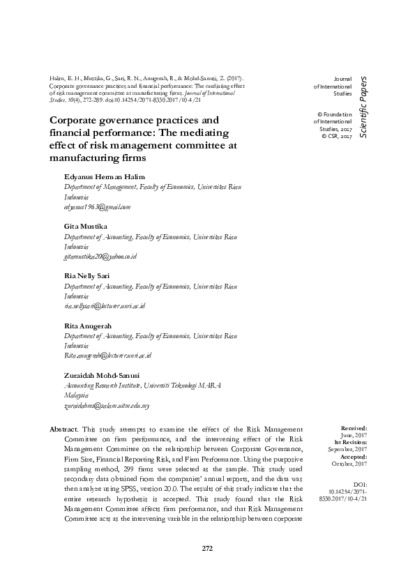(PDF) Corporate governance practices and financial performance: The mediating effect of risk ...