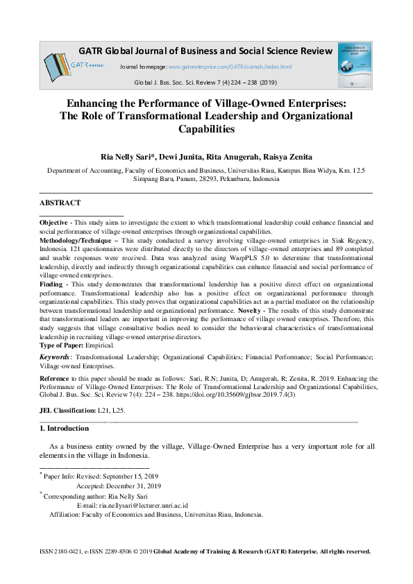 (PDF) Enhancing the Performance of Village-Owned Enterprises: The Role of Transformational ...