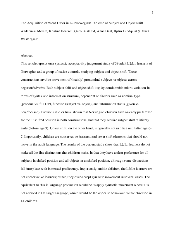 (PDF) The acquisition of word order in L2 Norwegian: The case of ...