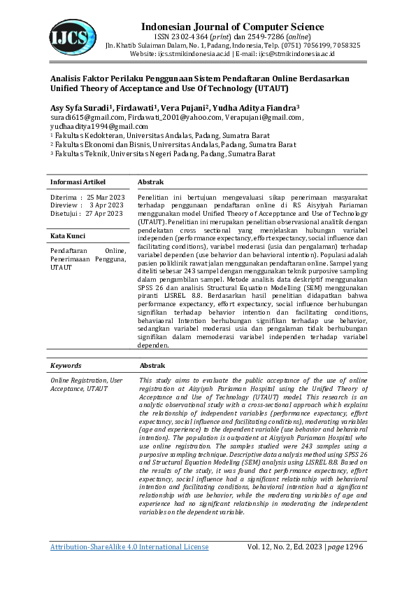 (PDF) Analisis Faktor Perilaku Penggunaan Sistem Pendaftaran Online Berdasarkan Unified Theory ...