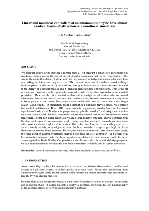 (PDF) Linear and nonlinear controllers of an autonomous bicycle have almost identical basins of ...