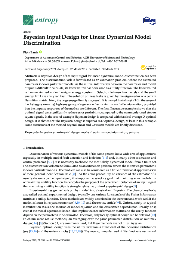 (PDF) Bayesian Input Design for Linear Dynamical Model Discrimination