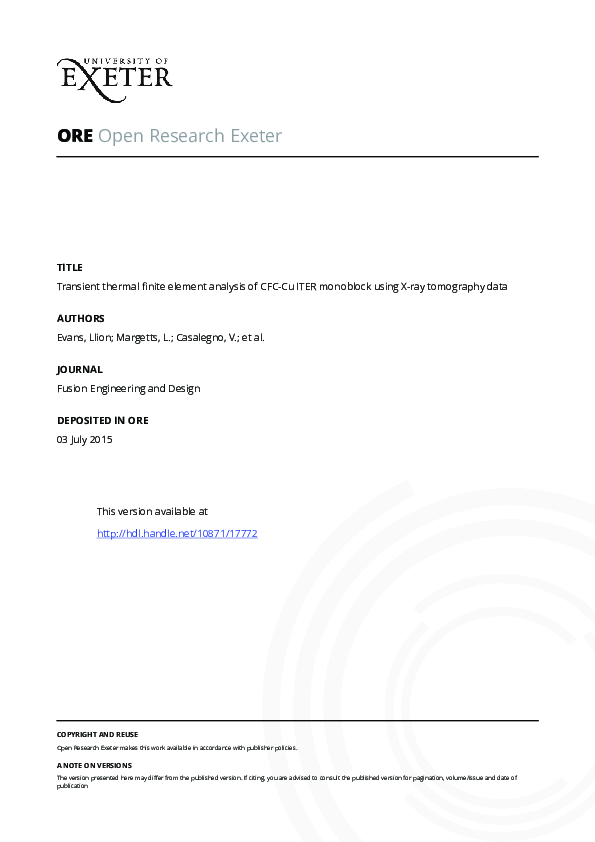 Pdf Transient Thermal Finite Element Analysis Of Cfc Cu Iter Monoblock Using X Ray Tomography Data
