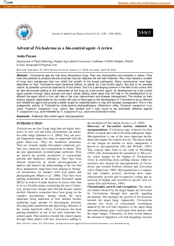(PDF) Advent of Trichoderma as a bio-control agent- A review