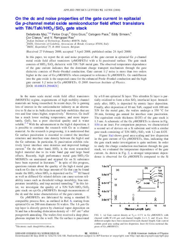 (PDF) On the dc and noise properties of the gate current in epitaxial ...
