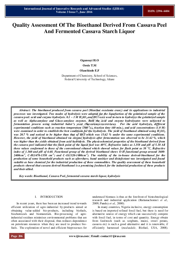 Pdf Quality Assessment Of The Bioethanol Derived From Cassava Peel And Fermented Cassava