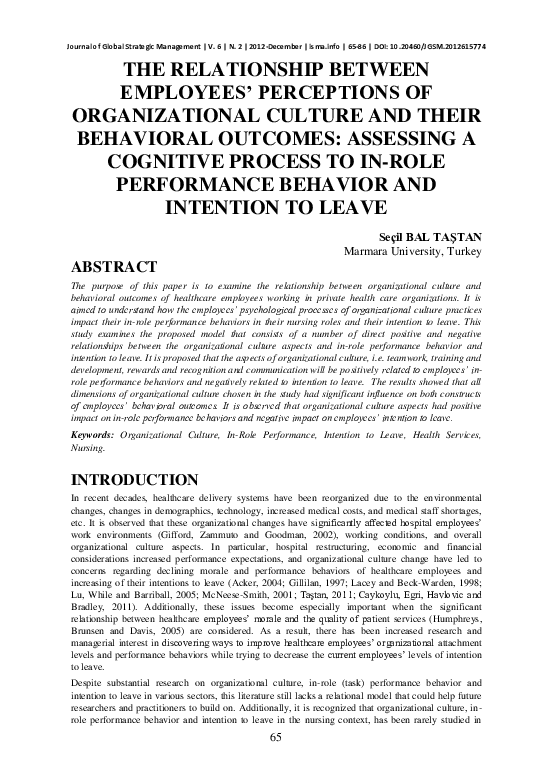 (PDF) The Relationship Between Employees' Perceptions of Organizational Culture and Their ...