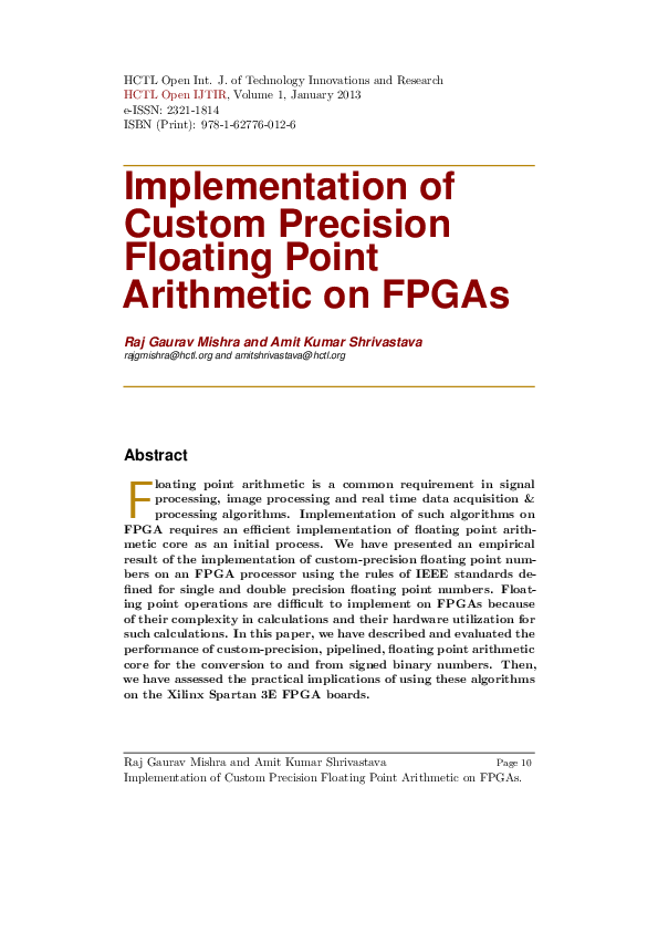 Pdf Implementation Of Custom Precision Floating Point Arithmetic On