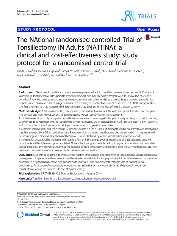 (PDF) The NAtional randomised controlled Trial of Tonsillectomy IN Adults (NATTINA): a clinical ...