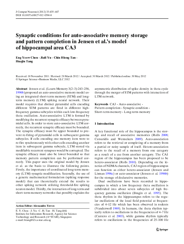 Pdf Synaptic Conditions For Auto Associative Memory In Ca3 Model