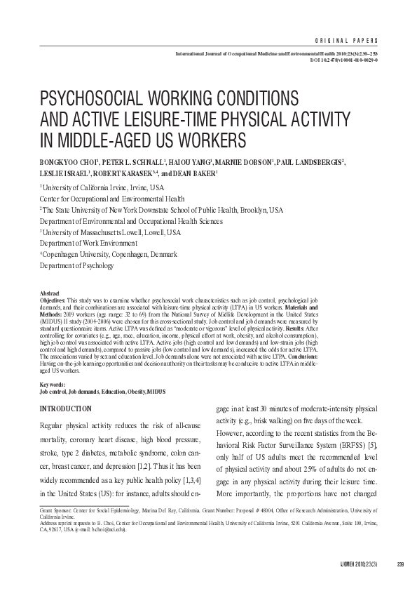 (PDF) Psychosocial working conditions and active leisure-time physical activity in middle-aged ...