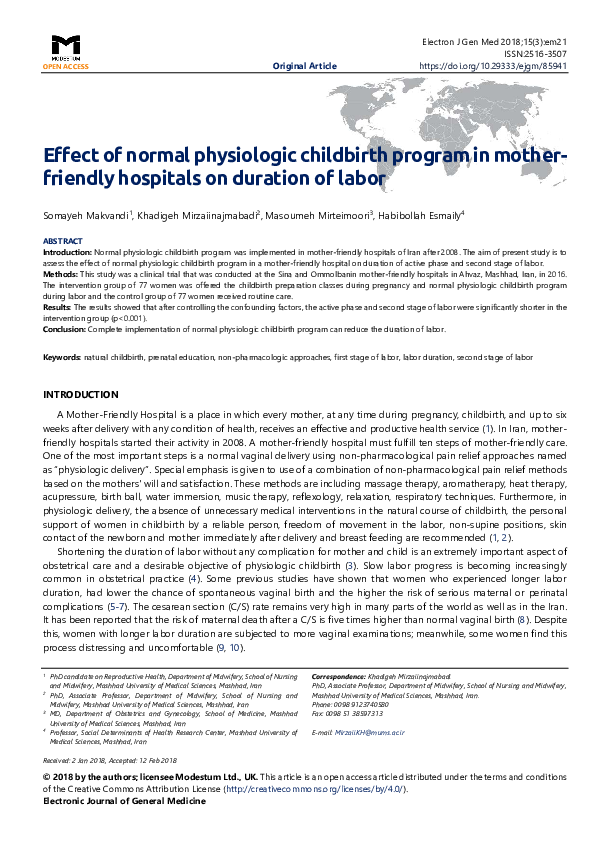 (PDF) Effect of normal physiologic childbirth program in mother ...