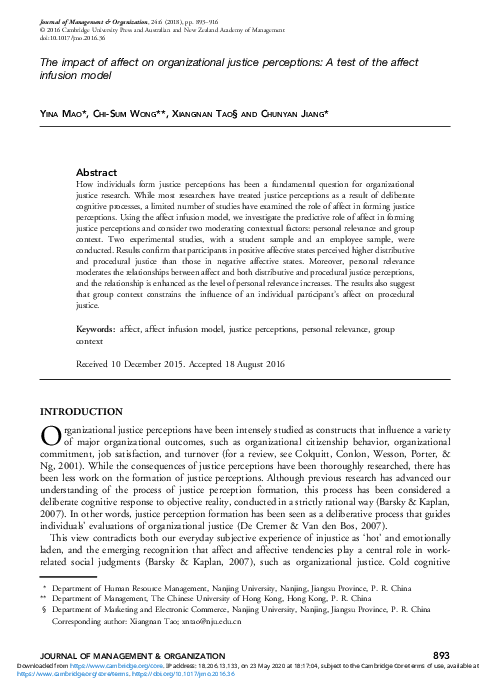 (PDF) The impact of affect on organizational justice perceptions: A ...