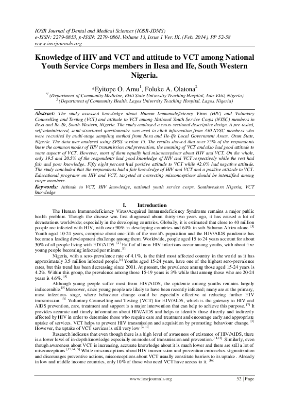 (PDF) Knowledge of HIV and VCT and attitude to VCT among National Youth ...