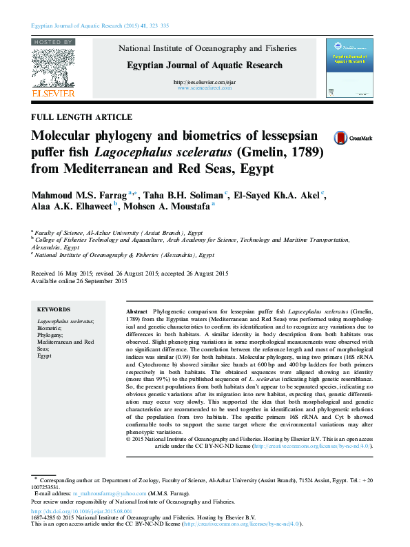(PDF) Molecular phylogeny and biometrics of lessepsian puffer fish ...