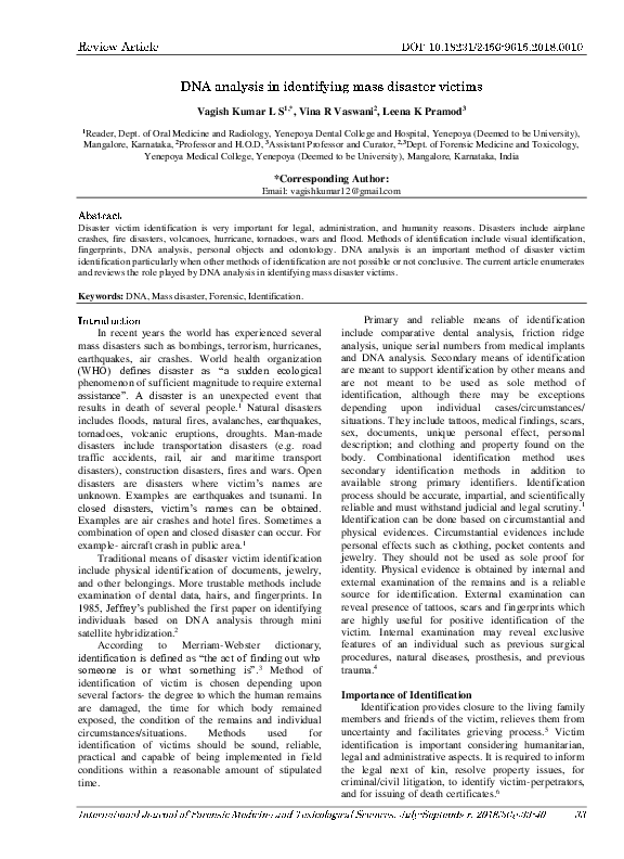 Mass Disaster Victim Identification By Dna – TMBI