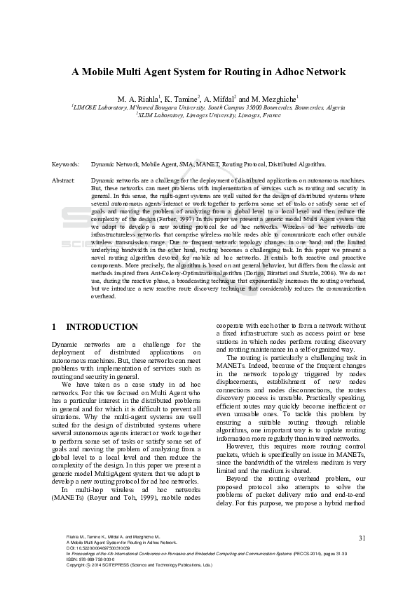 Pdf A Mobile Multi Agent System For Routing In Adhoc Network